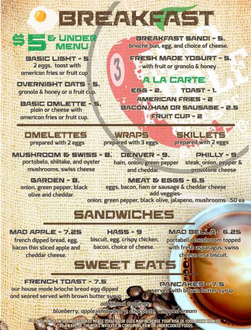 The Mad Apple Burger & Billiard Co. menu in Appleton, Wisconsin, USA