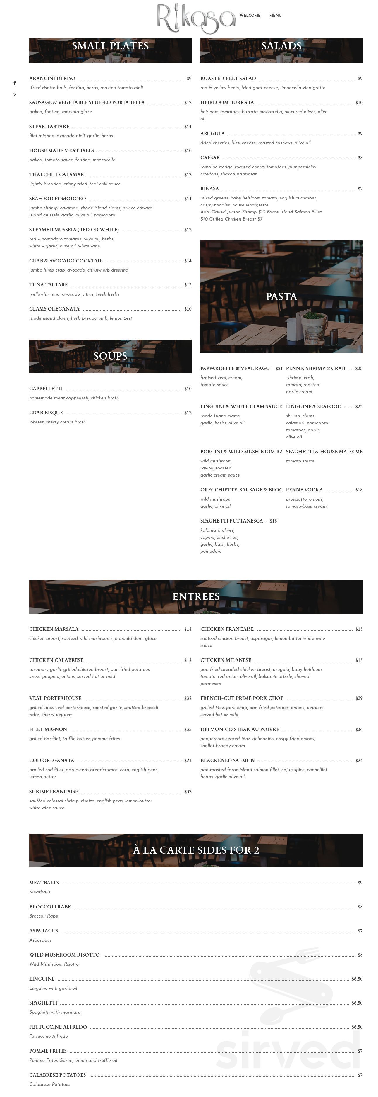 Rikasa menu in Pittston, Pennsylvania, USA