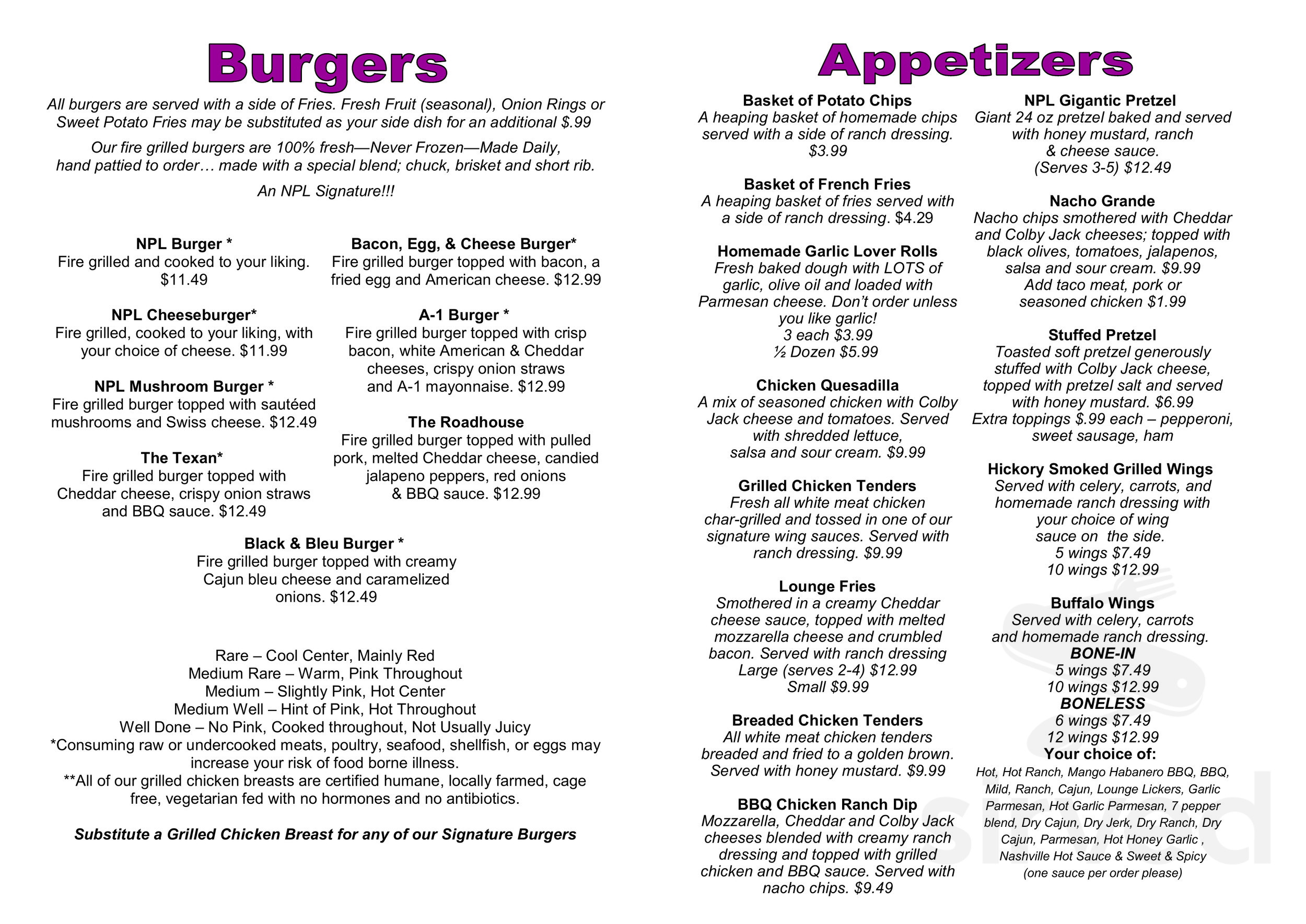 Menu - Pittsburgh PA's North Park Lounge McCandless | Sirved
