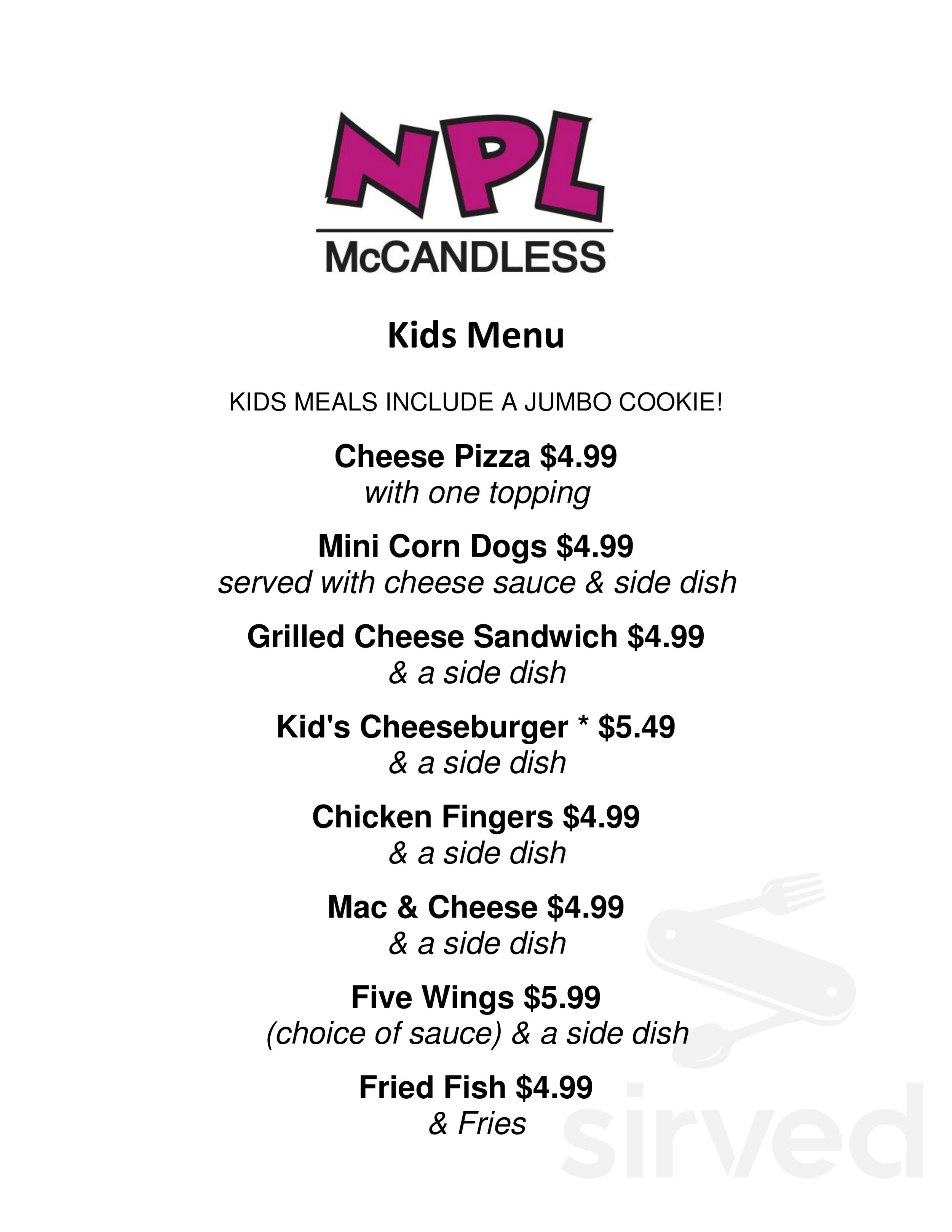 Menu - Pittsburgh PA's North Park Lounge McCandless | Sirved