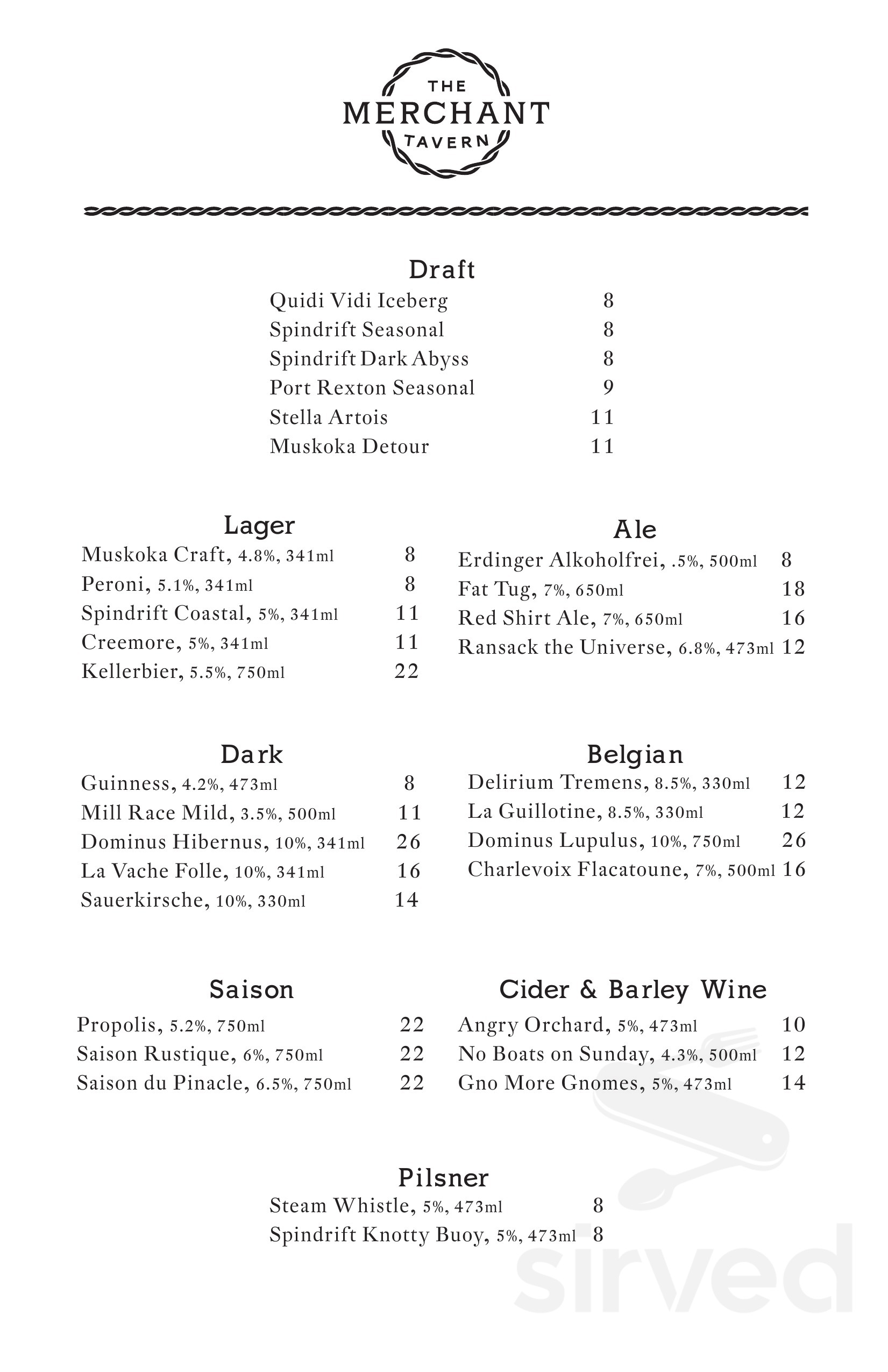 The Merchant Tavern menu in St. John's, Newfoundland and Labrador, Canada