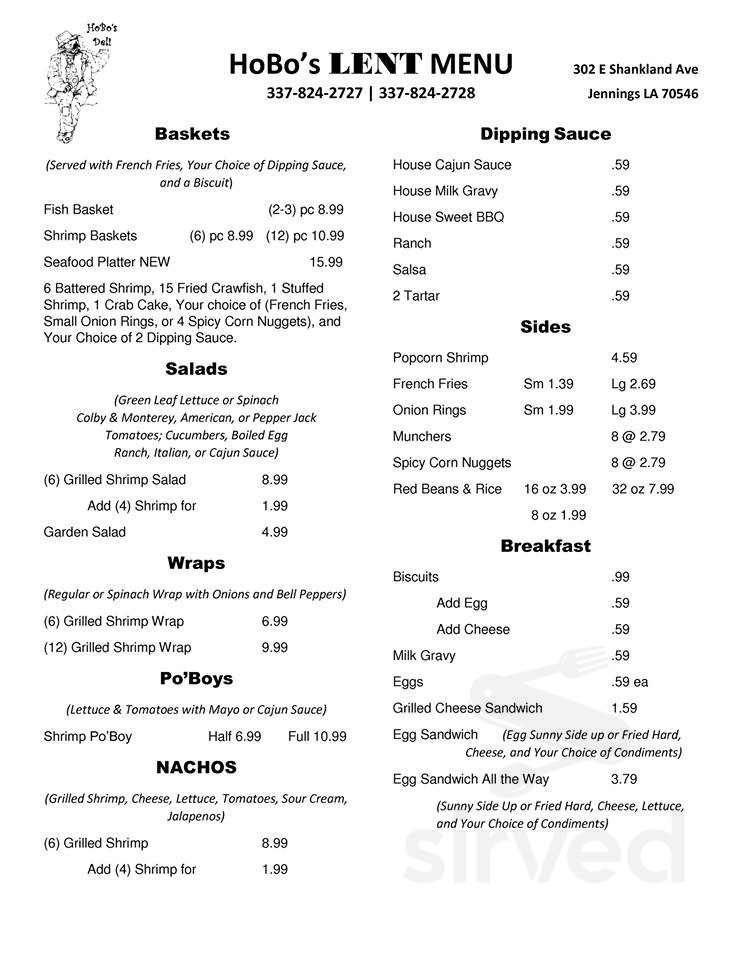 Menu for HoBo's Deli & Convenience Store in Jennings, LA | Sirved
