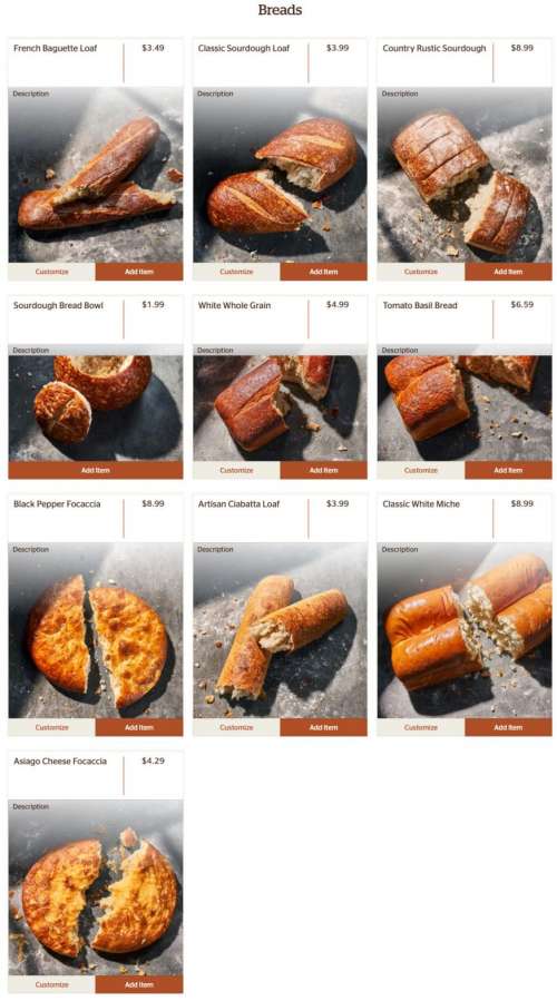 Panera Bread menu in Columbus, Ohio, USA