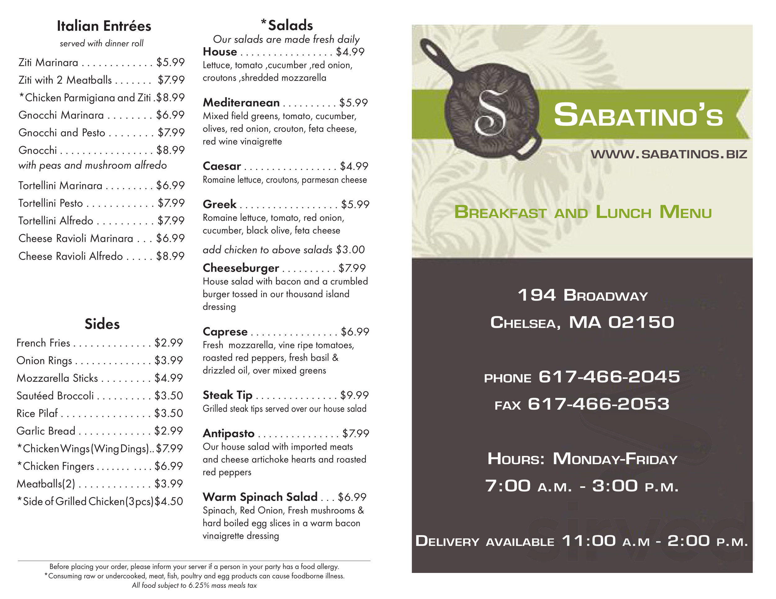 Sabatino's menu in Chelsea, Massachusetts, USA