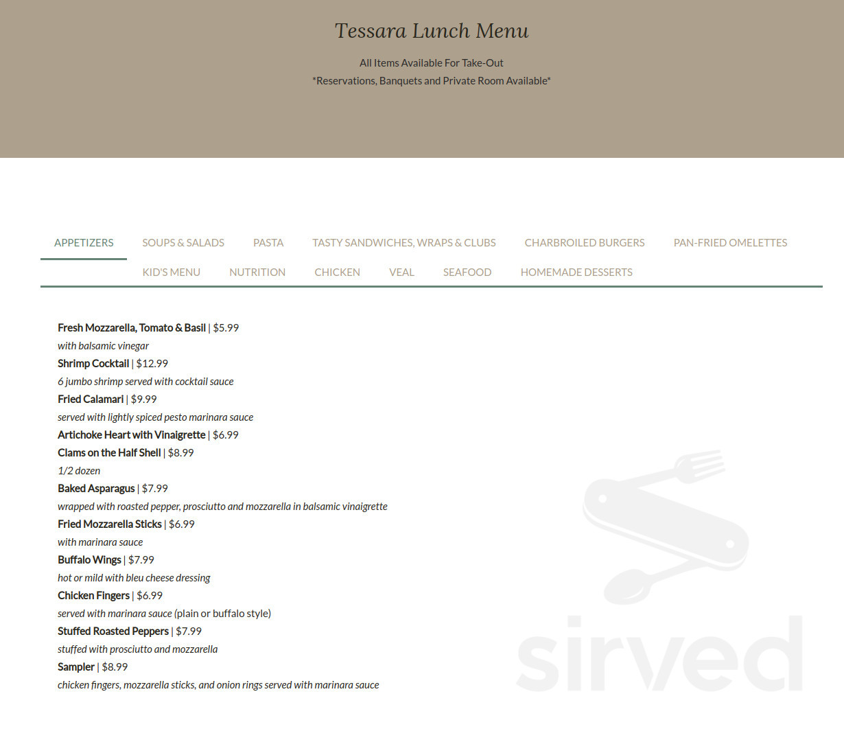 Tessara Restaurant menu in Hamilton Township, New Jersey, USA