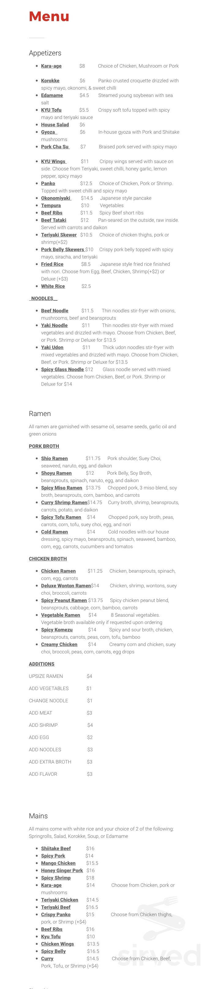KYU Bistro menu in Winnipeg, Manitoba, Canada