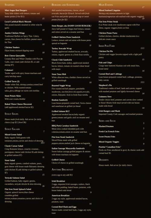 Stout Public House menu in San Diego, California, USA