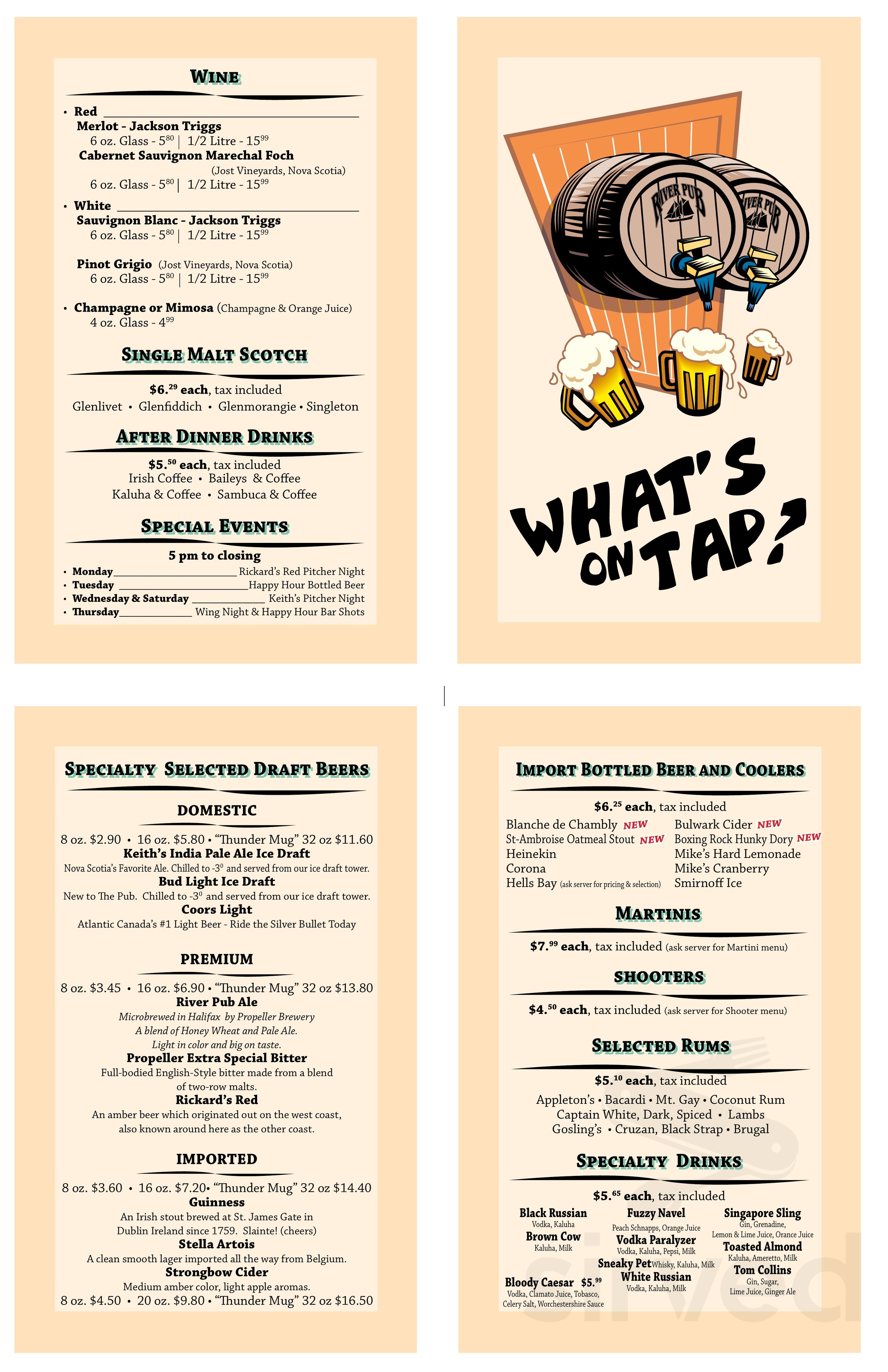 River Pub menu in Bridgewater, Nova Scotia, Canada