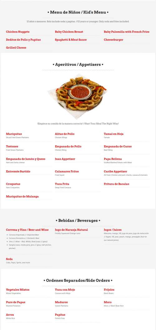 Caribe Cafe Restaurant menu in Miami, Florida, USA