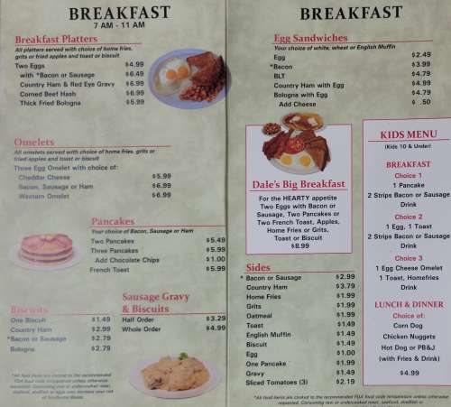 Dale's Diner menu in Montvale, Virginia, USA