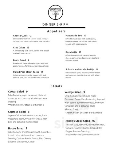 Chef Lance's on Phillips menu in Sioux Falls, South Dakota, USA