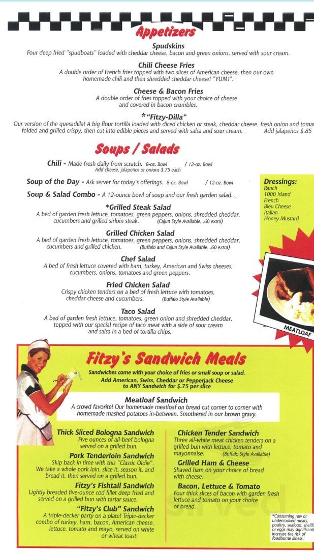 Fitzy's Old Fashioned Diner menu in Columbus, Ohio, USA