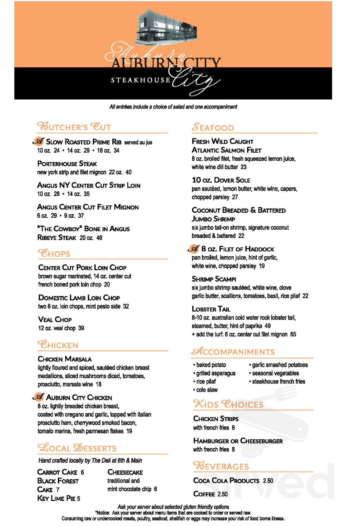 Auburn City Steakhouse menu in Auburn, Indiana, USA