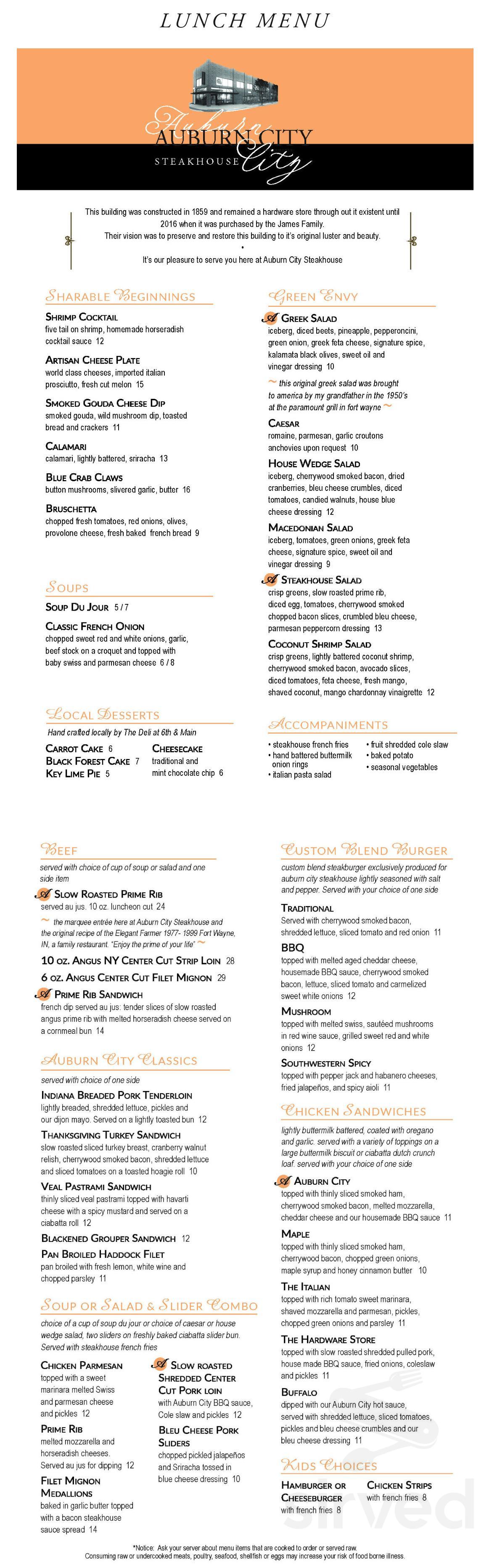 Auburn City Steakhouse menu in Auburn, Indiana, USA