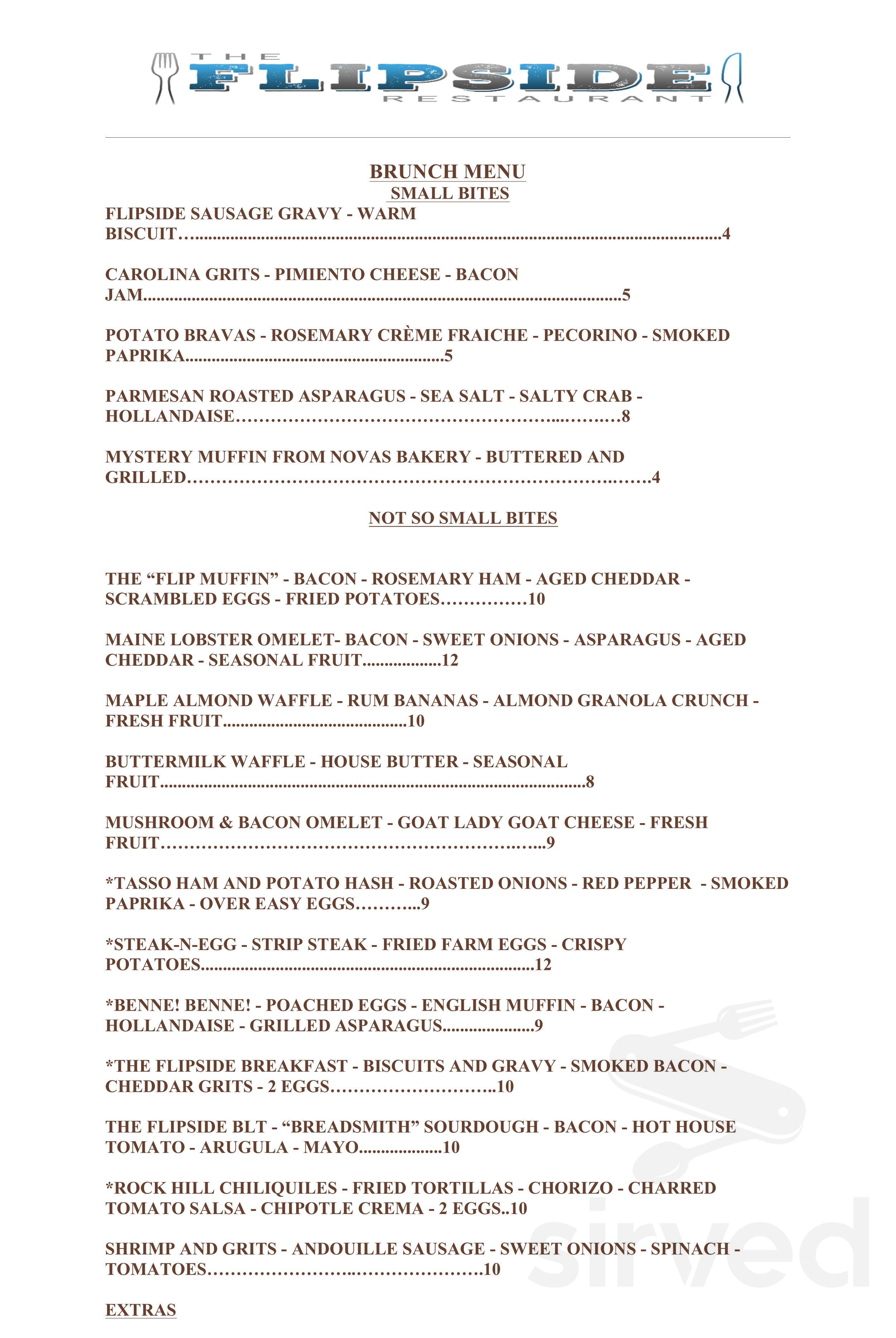 The Flipside Restaurant menu in Rock Hill, South Carolina, USA