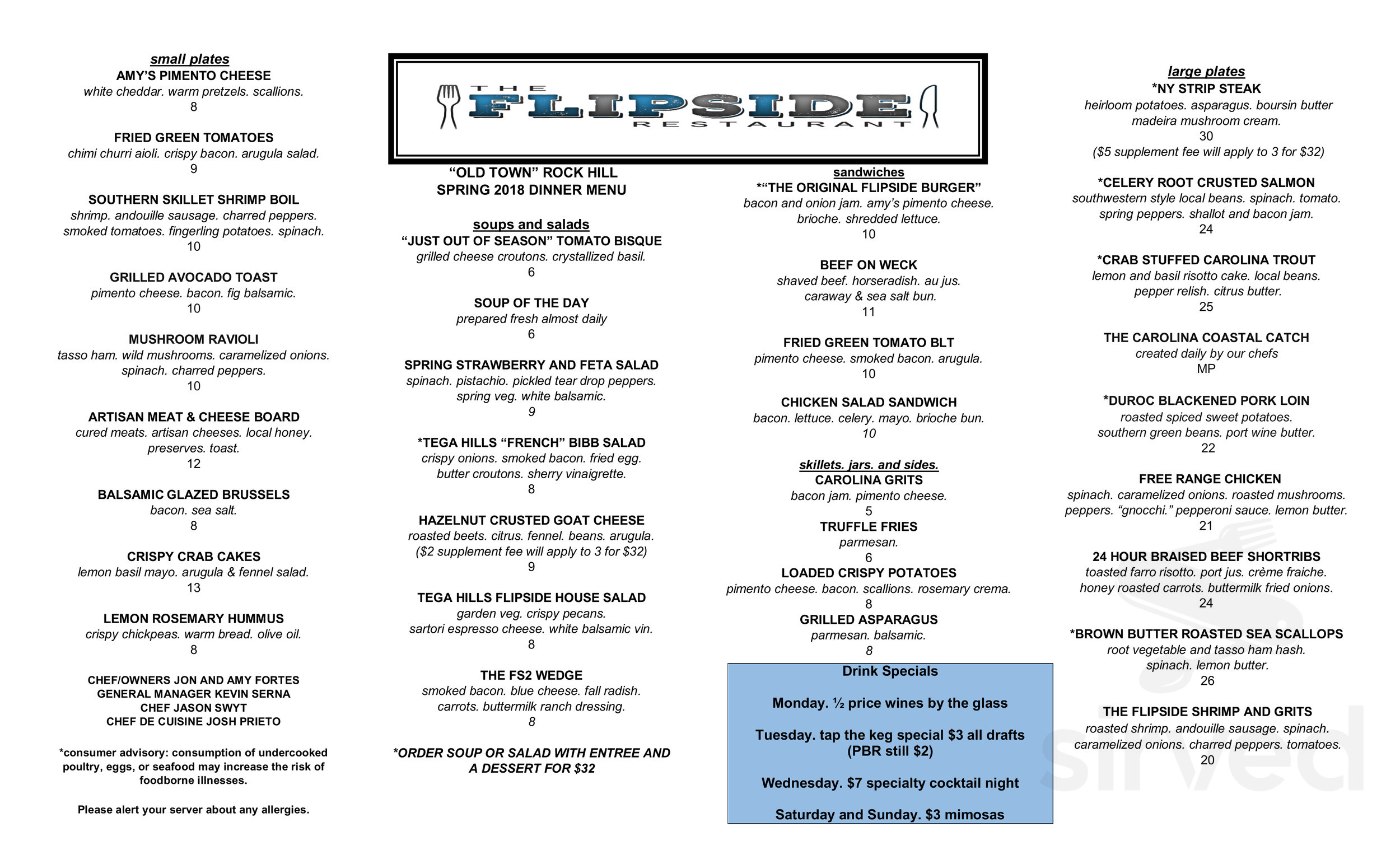 The Flipside Restaurant menu in Rock Hill, South Carolina, USA