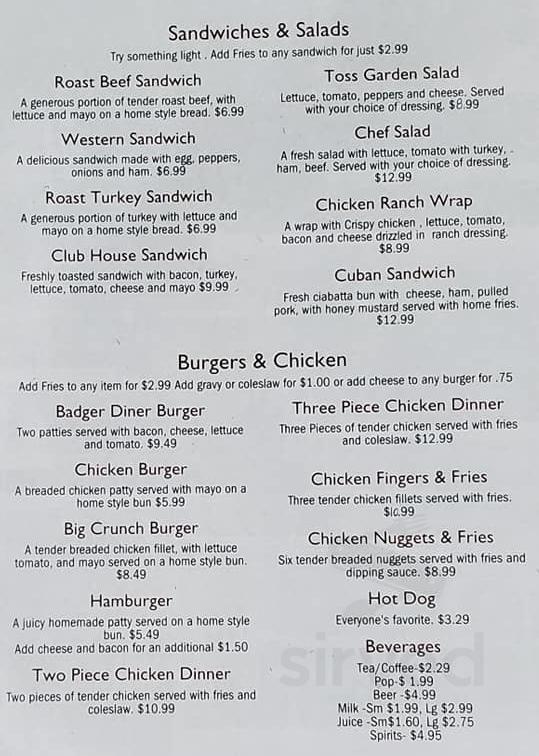 Badger Diner Bar and Grill menus in Grand Falls-Windsor, Newfoundland ...