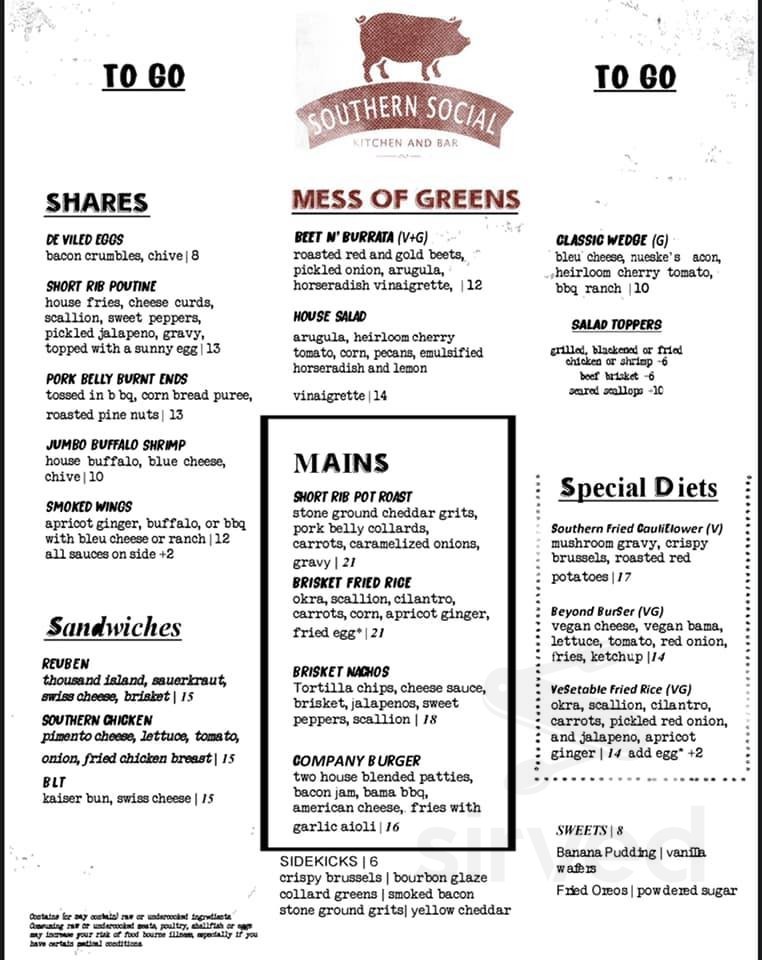 Menu - Vero Beach FL's Southern Social | Sirved