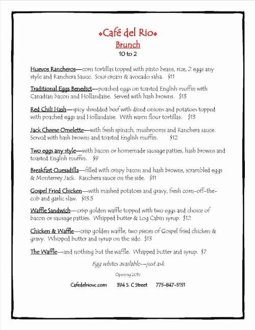 Cafe Del Rio menu in Virginia City, Nevada, USA