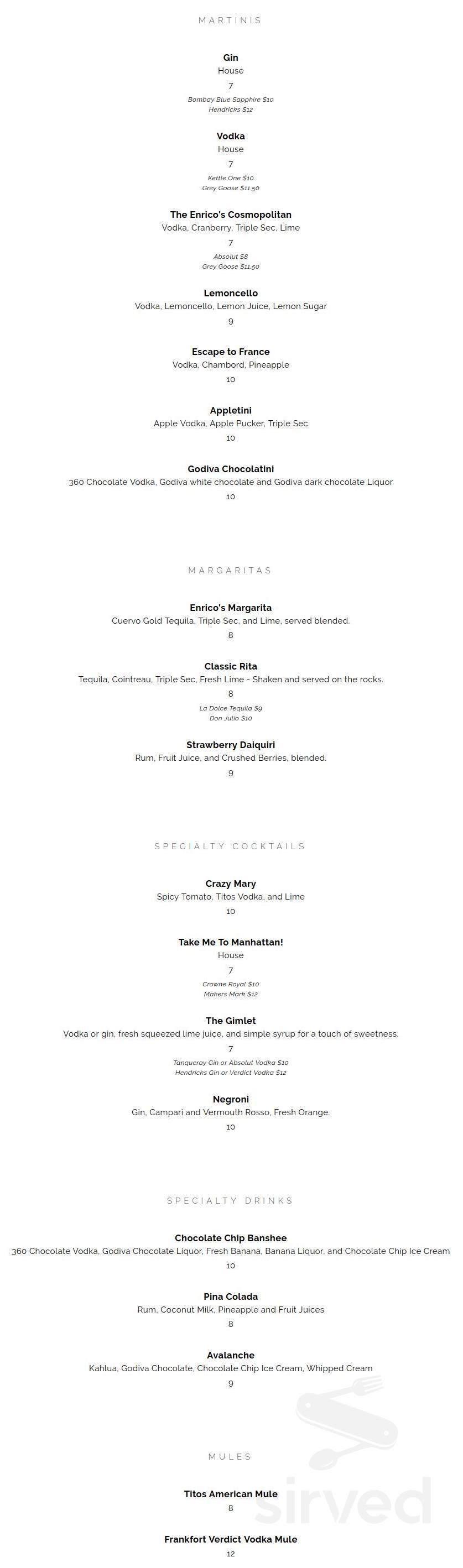 Enrico's Italian Dining menu in Frankfort, Illinois, USA