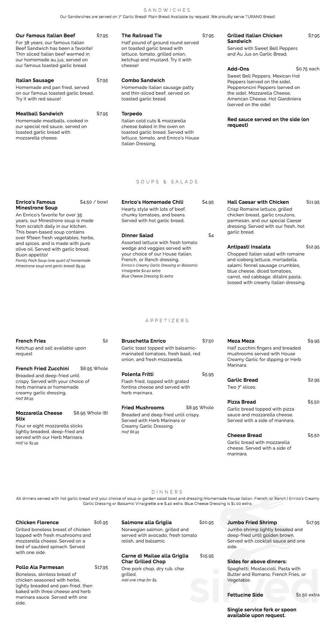 Enrico's Italian Dining menu in Frankfort, Illinois, USA