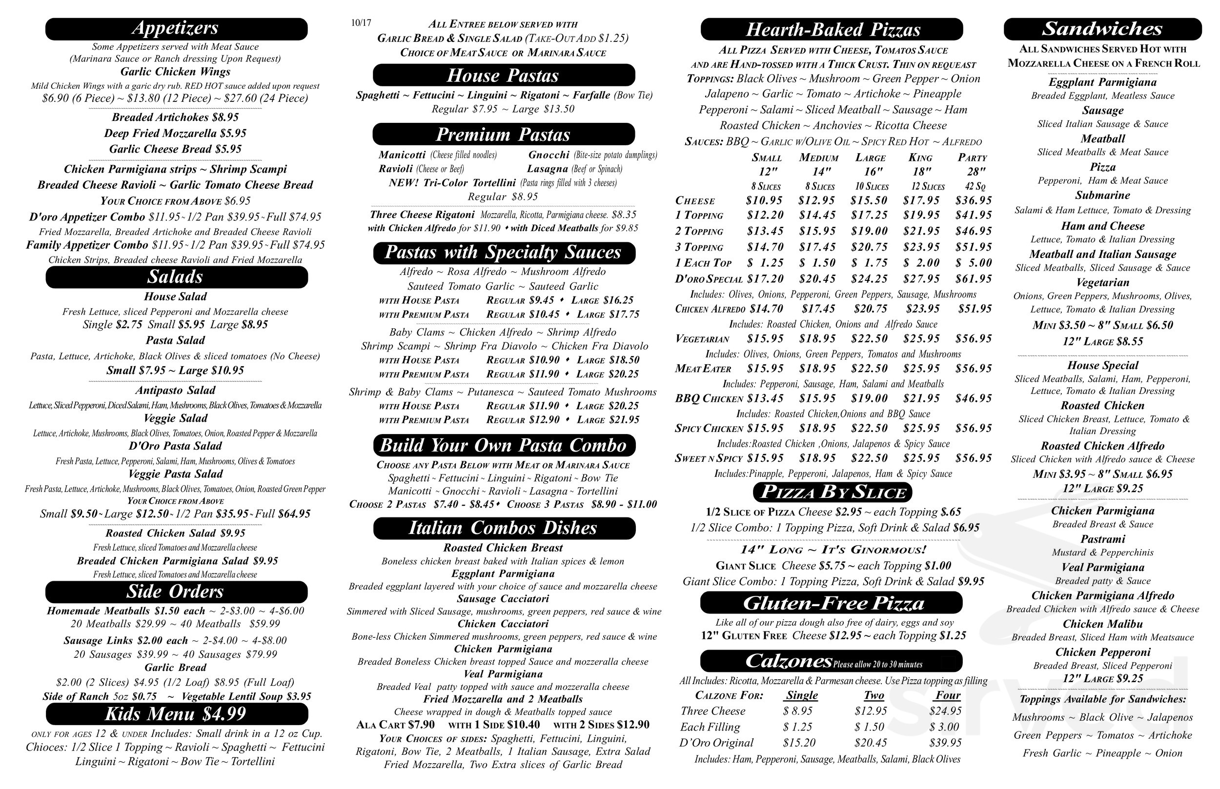 Pizza D'Oro menu in Huntington Beach, California, USA