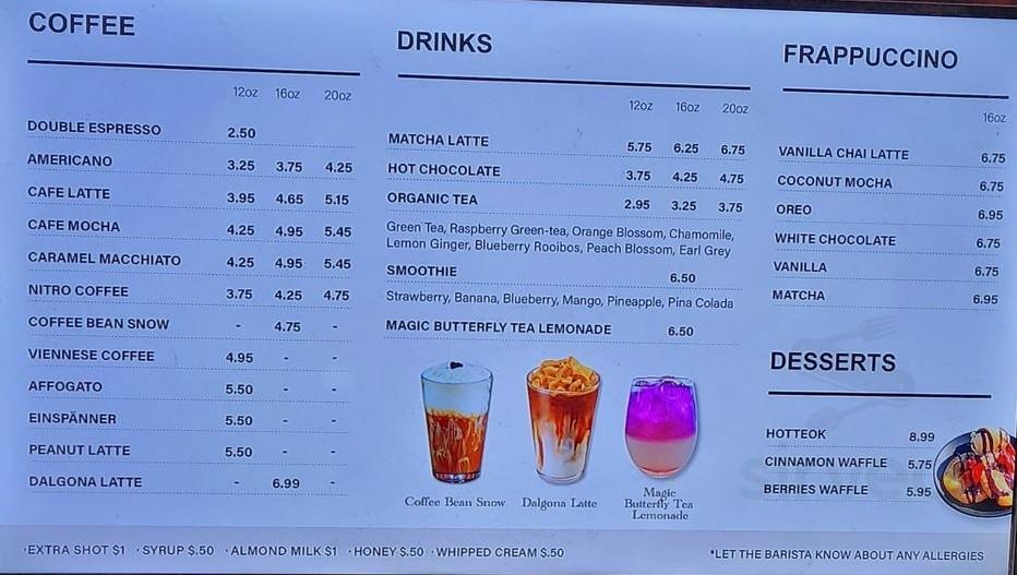 SnowBean menu in Orlando, Florida, USA
