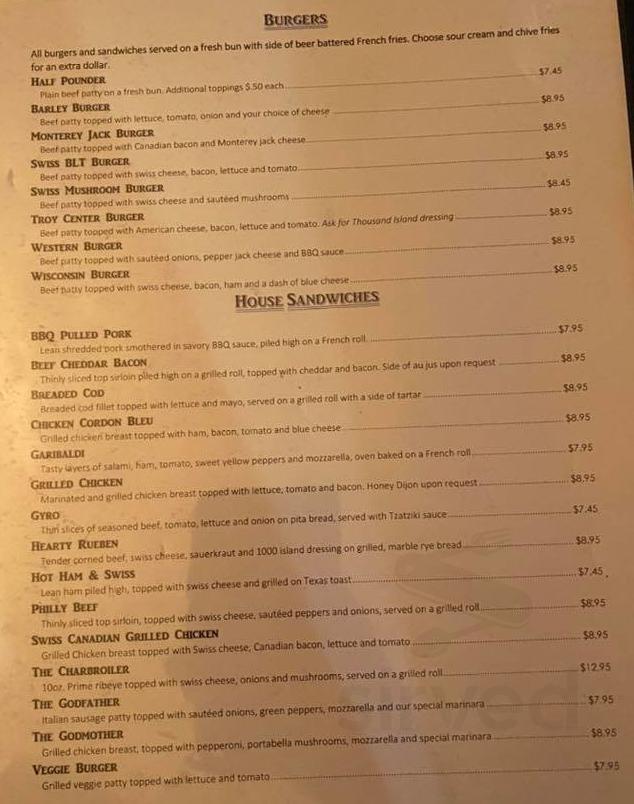 Barley's Hops & Malt menu in East Troy, Wisconsin, USA
