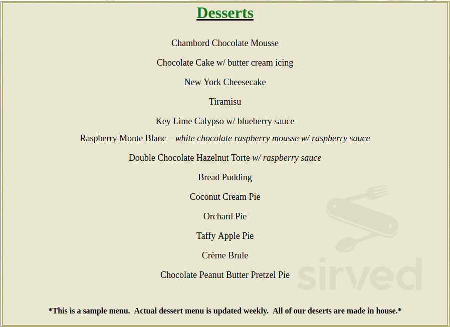 Menu for Bridge Inn Pleasantville in Oley, Pennsylvania, United States