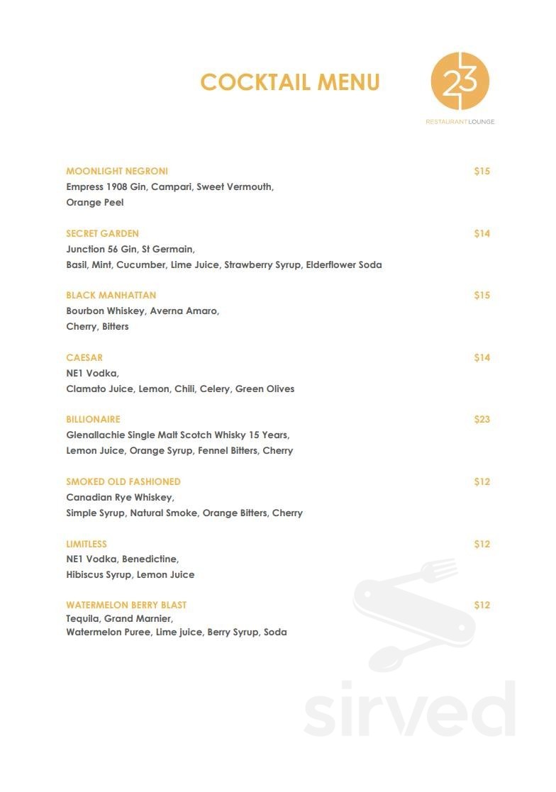 23 Restaurant Lounge menu in Stratford, Ontario, Canada
