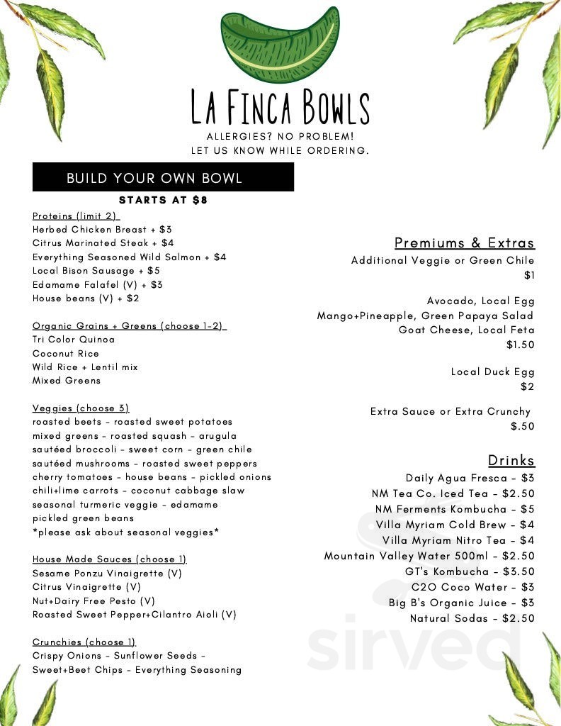 La Finca Bowls menu in Albuquerque, New Mexico, USA