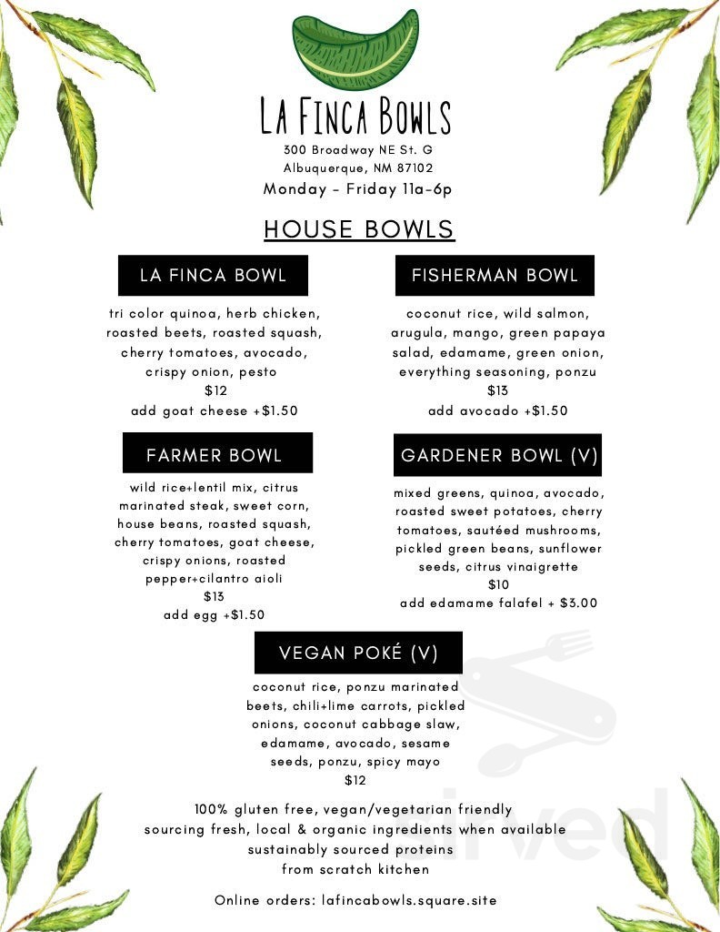 La Finca Bowls menu in Albuquerque, New Mexico, USA