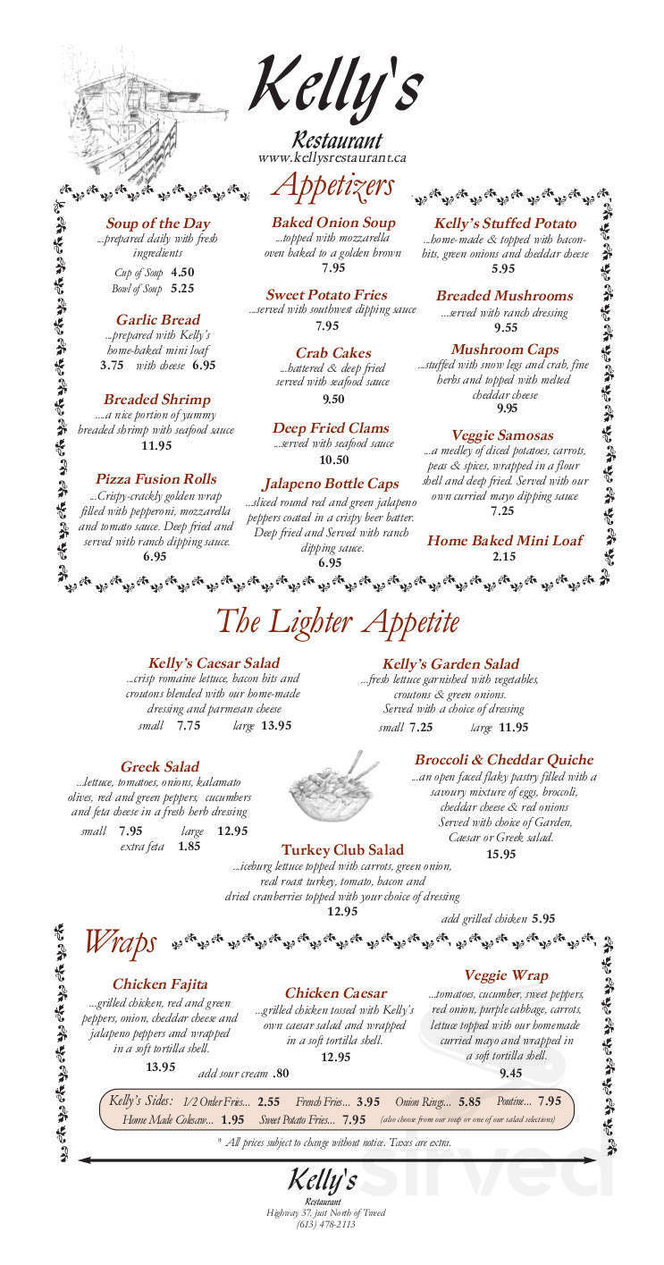 Kelly's Restaurant menu in Tweed, Ontario, Canada