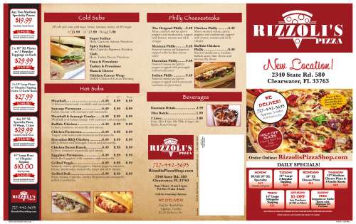 Rizzoli's Pizza menu in Clearwater, Florida, USA