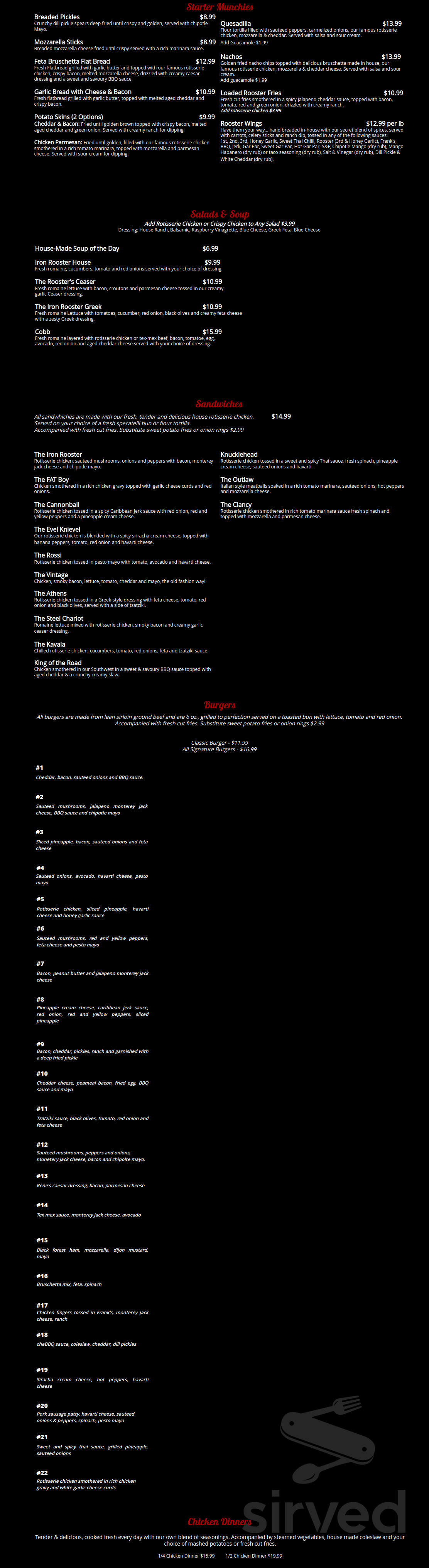 Menu for The Iron Rooster Rotisserie and Grill in Marmora, ON | Sirved