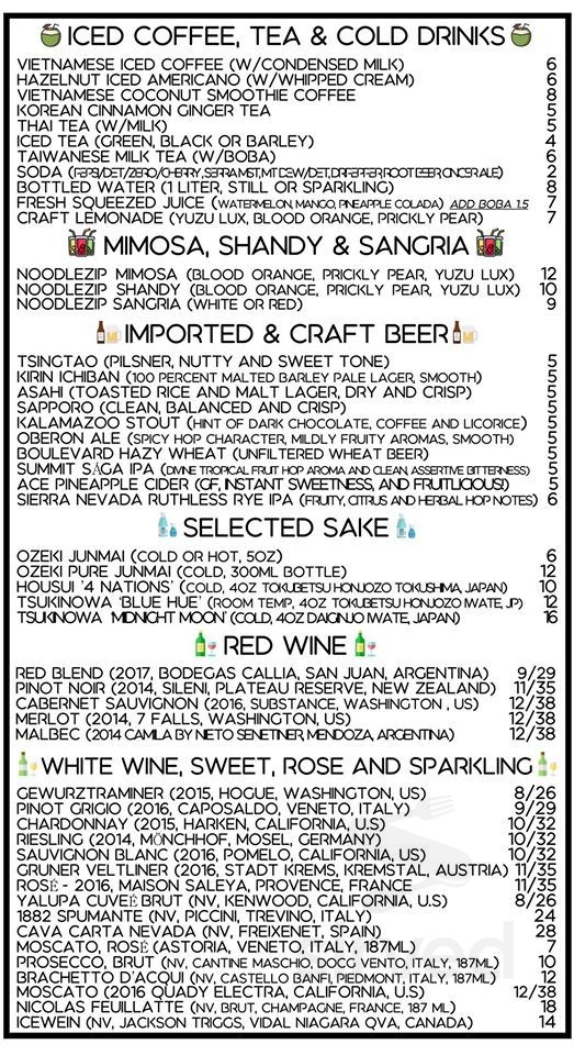 Noodlezip menu in Bismarck, North Dakota, USA