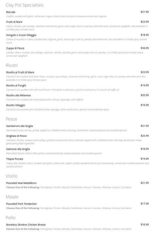 Villaggio Ristorante menu in Roselle, Illinois, USA