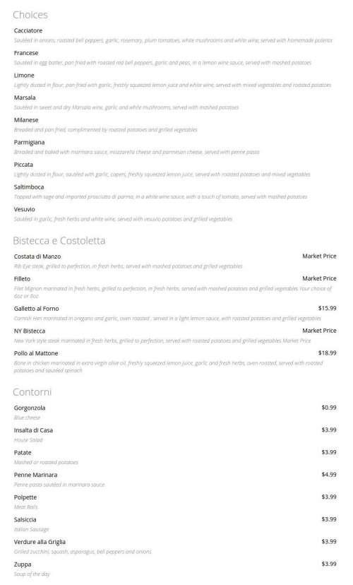 Villaggio Ristorante menu in Roselle, Illinois, USA