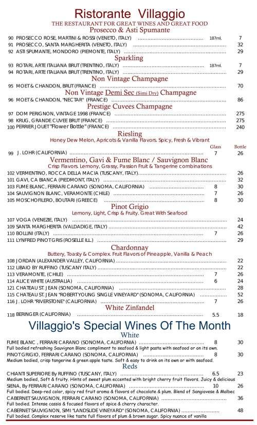 Villaggio Ristorante menu in Roselle, Illinois, USA