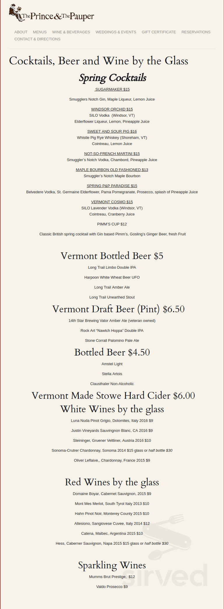 The Prince & The Pauper Restaurant menu in Woodstock, Vermont, USA