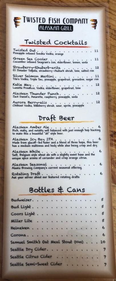Menu for Twisted Fish Company Alaskan Grill in Juneau, AK | Sirved