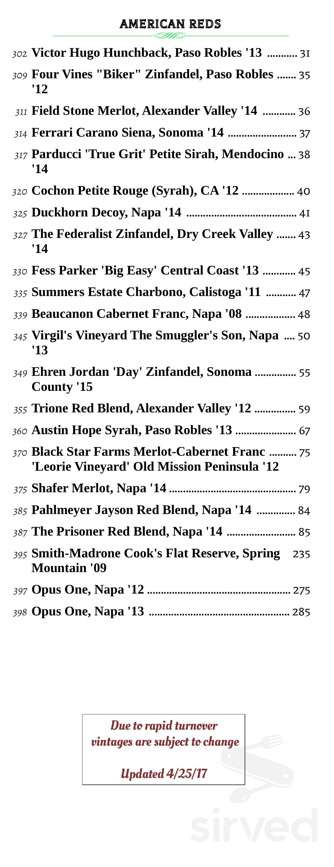 Knight's Steakhouse menu in Ann Arbor, Michigan, USA