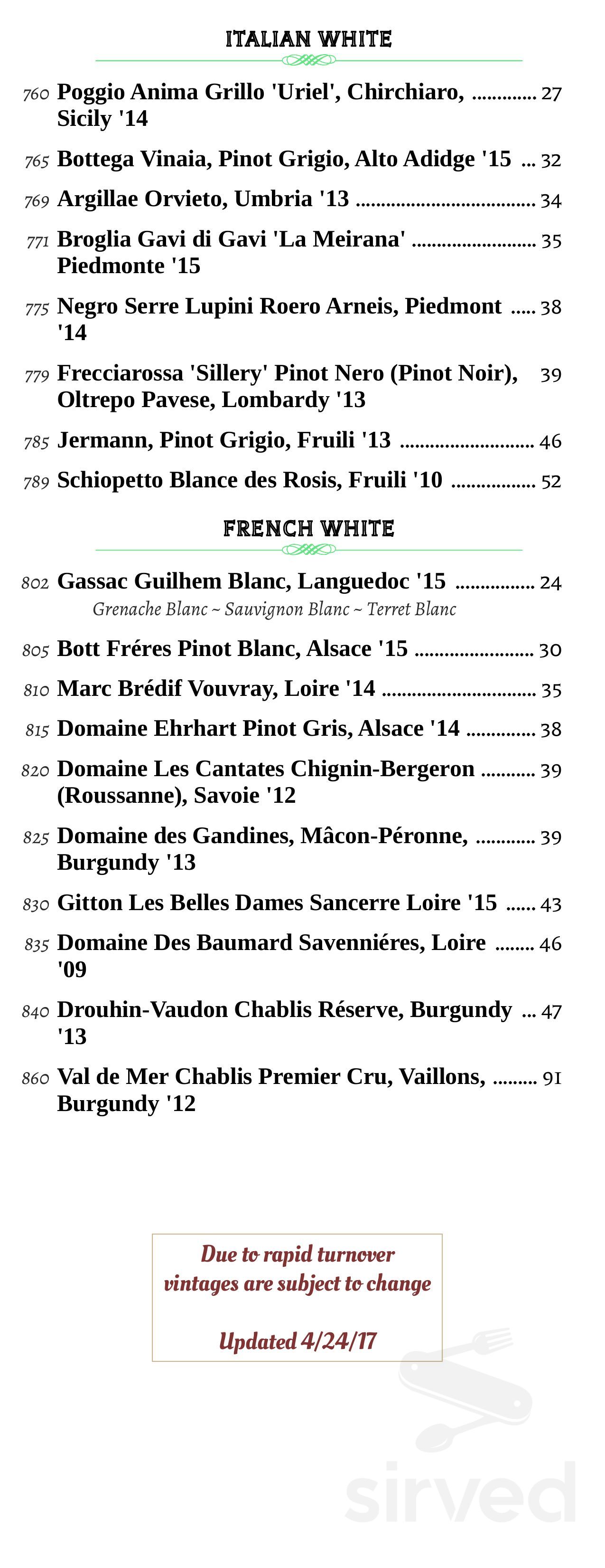 Knight's Steakhouse menu in Ann Arbor, Michigan, USA