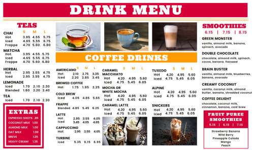 Latte Cafe menu in La Grange, Texas, USA