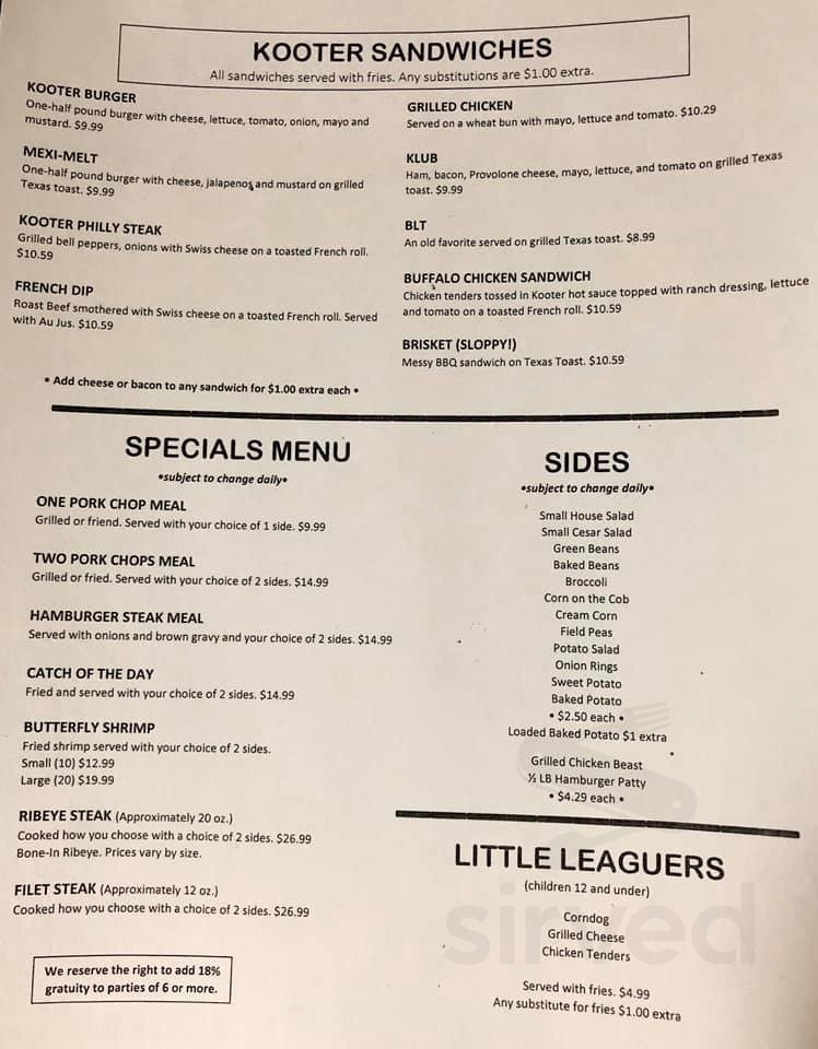 Kooter Browns of Jay Inc menu in Jay, Florida, USA