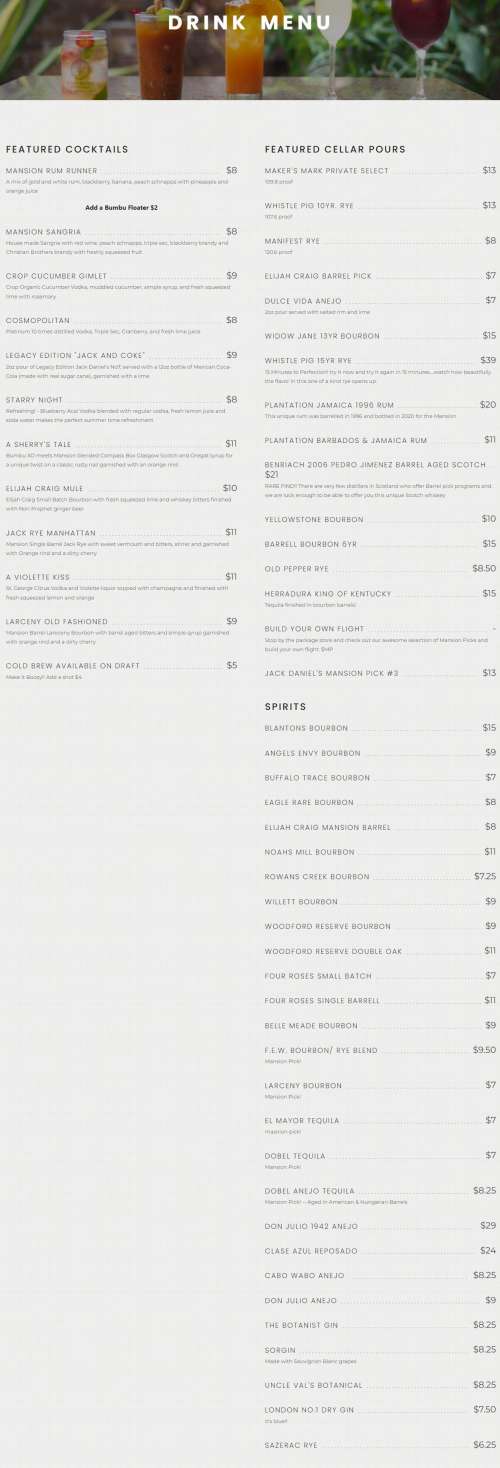 The Mansion menu in Melbourne, Florida, USA