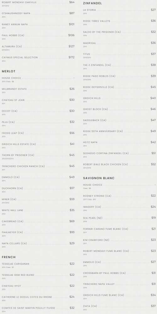 The Mansion menu in Melbourne, Florida, USA