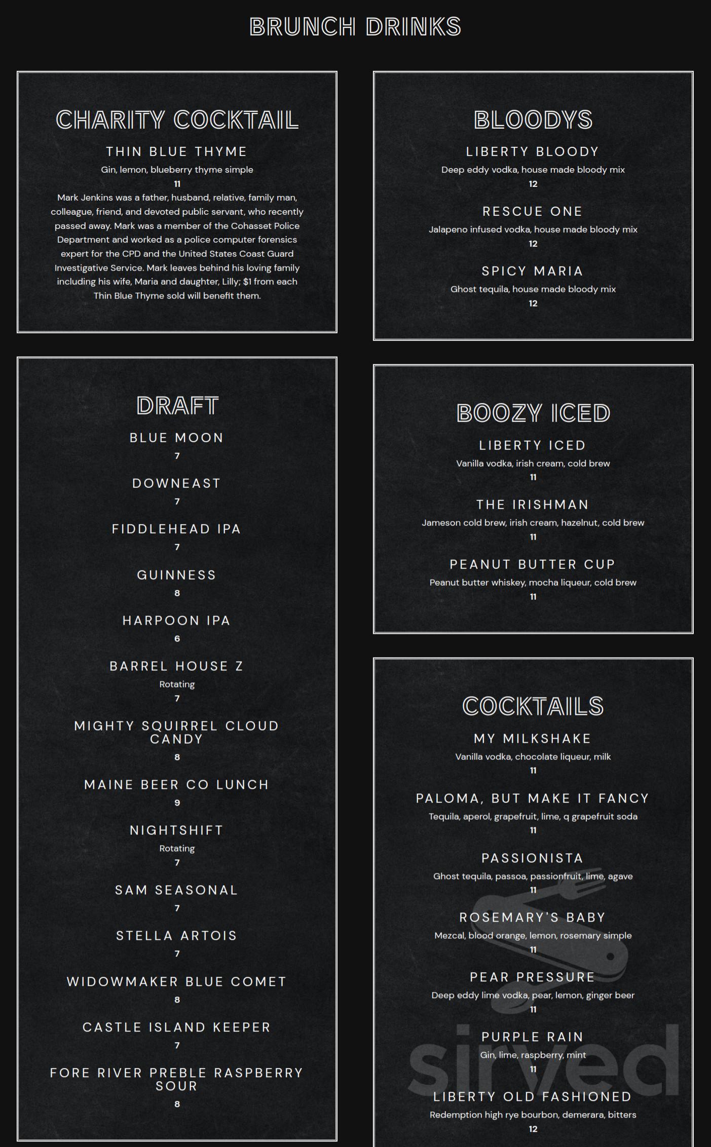 Liberty Tavern menu in Quincy, Massachusetts, USA