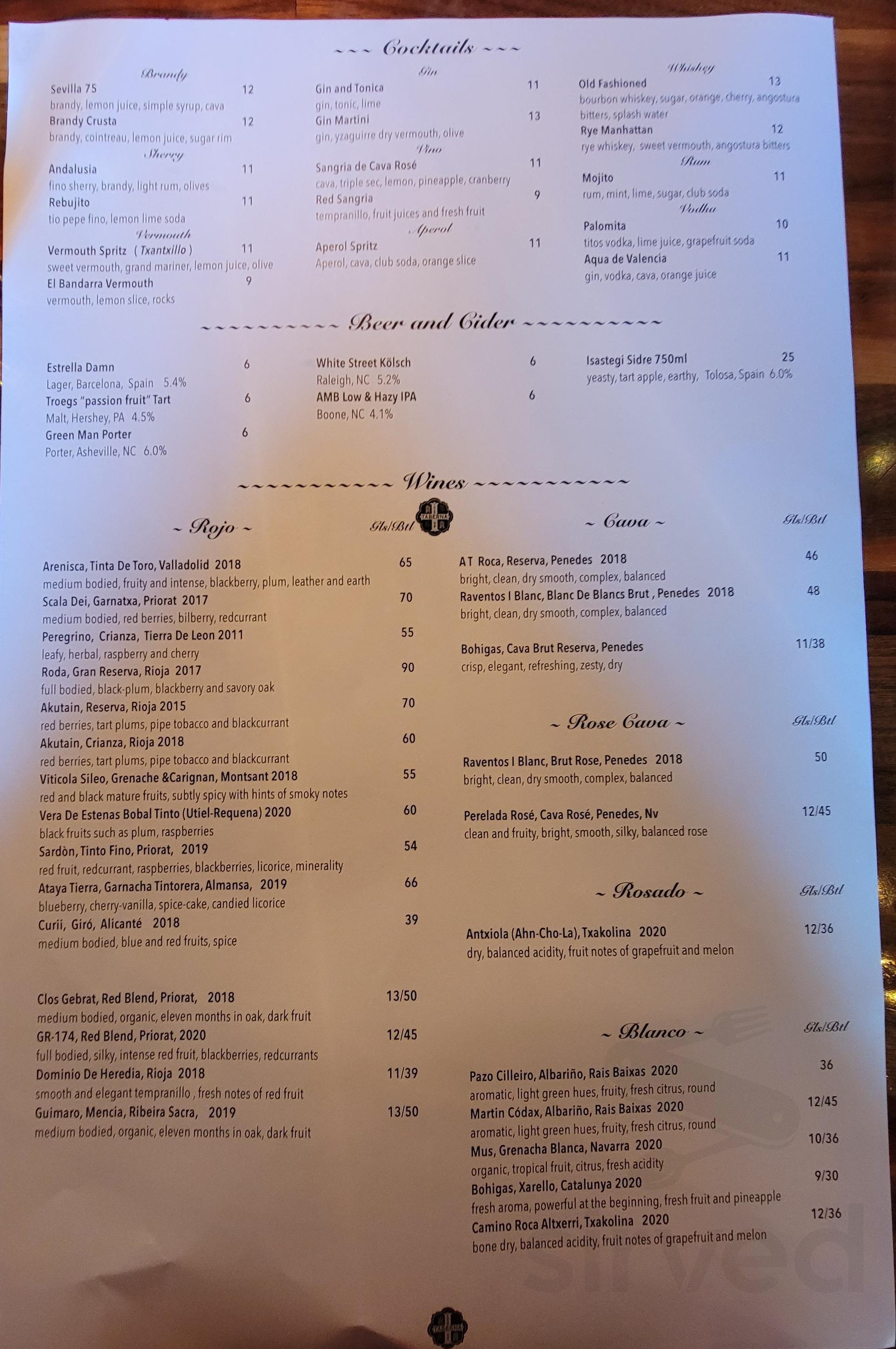 Taberna Tapas menu in Durham, North Carolina, USA