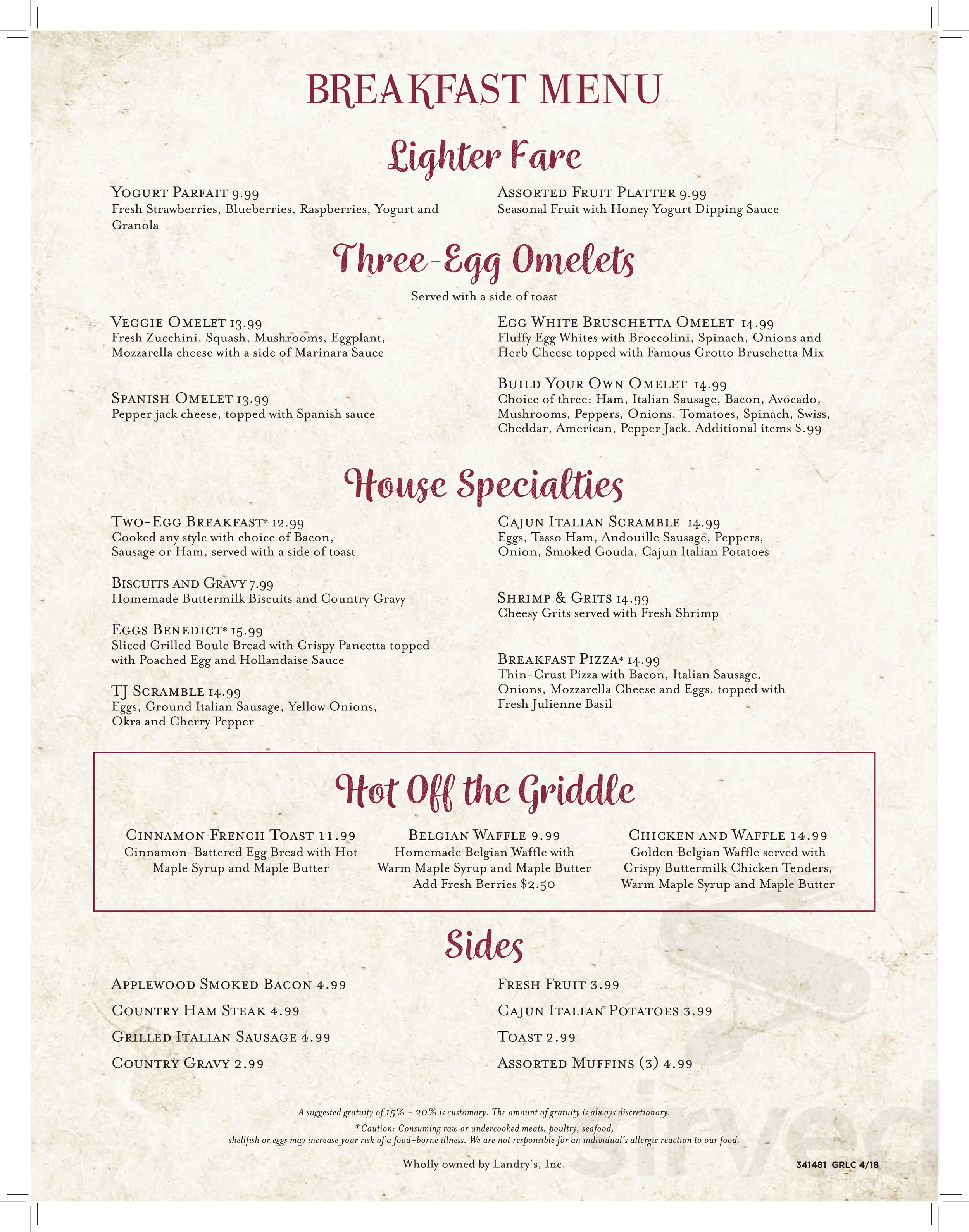Menu - Houston TX's Grotto Ristorante | Sirved